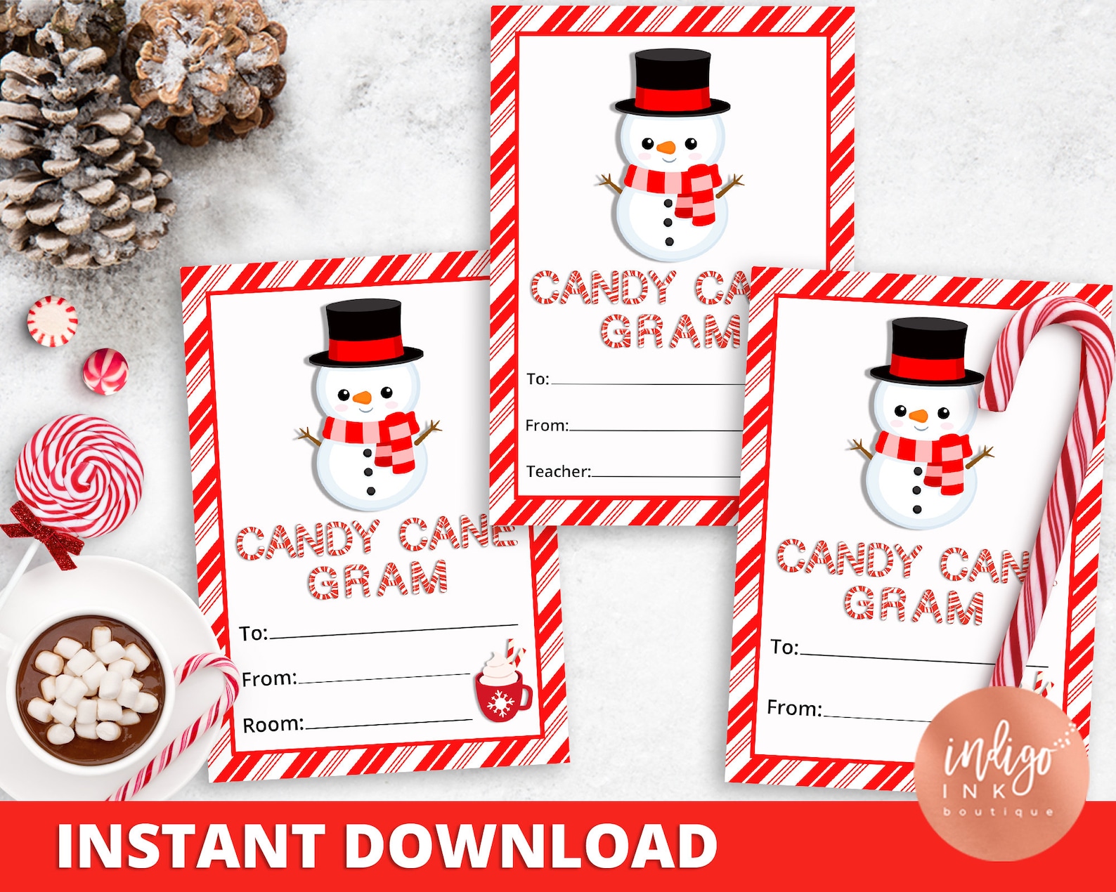 Candy Cane Gram Holiday Tags INSTANT DOWNLOAD Snowman Favor - Etsy