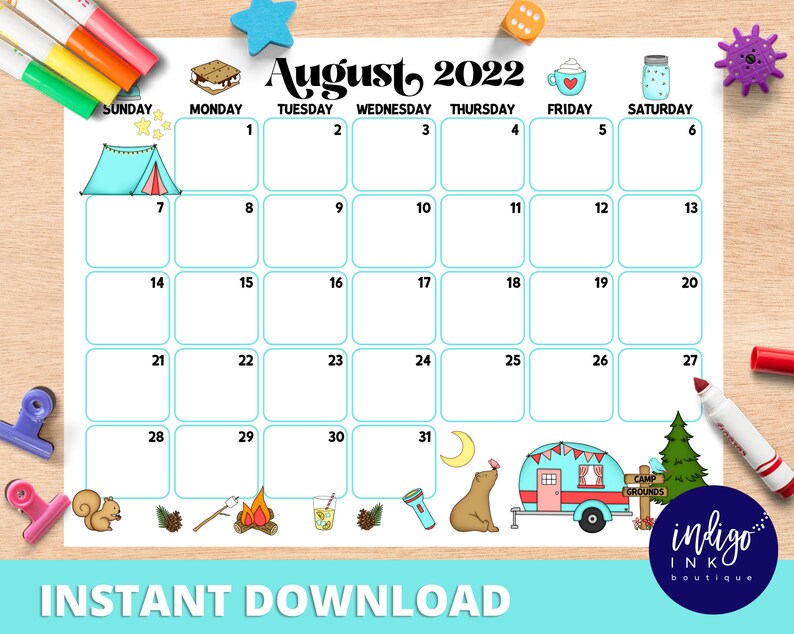 August Calendar INSTANT DOWNLOAD Monthly Planner Digital - Etsy