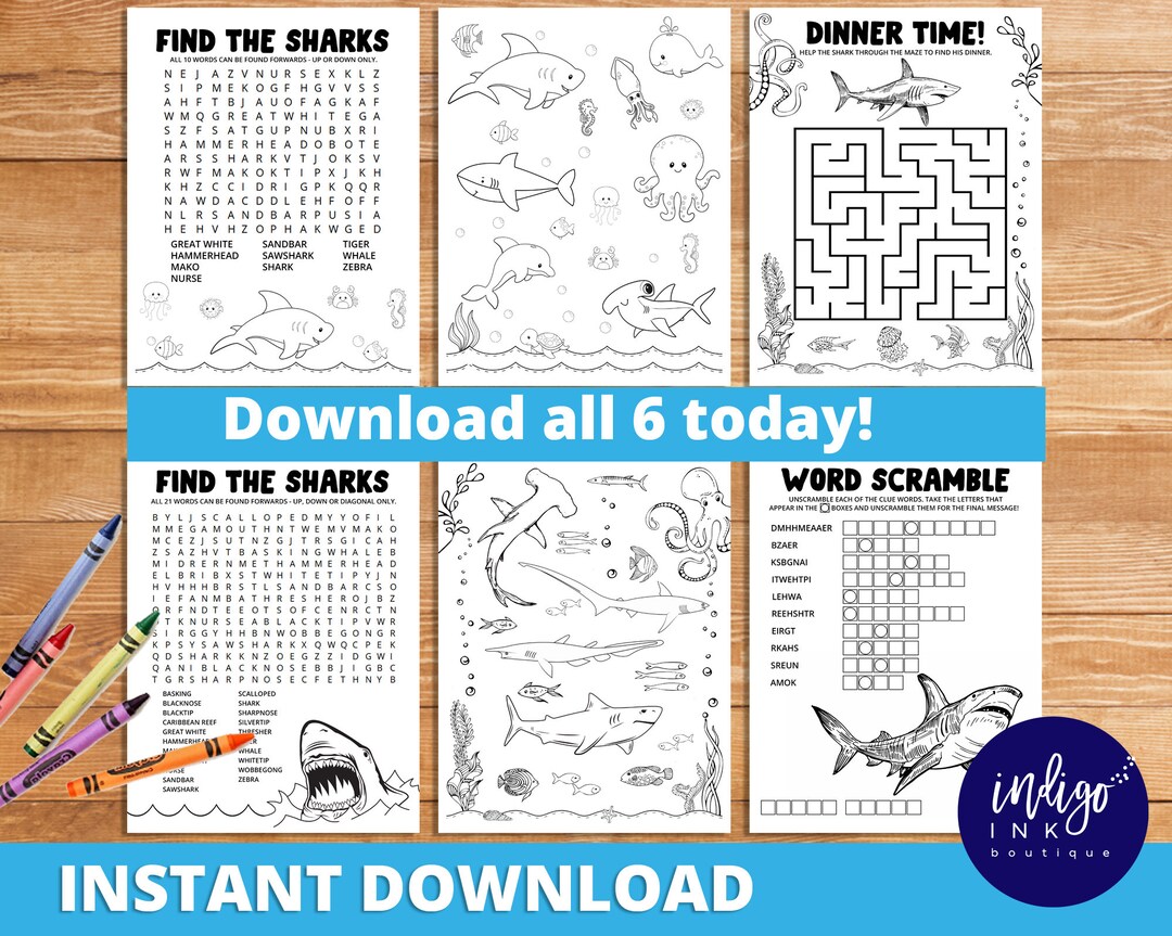 Shark Activity and Coloring Pages INSTANT DOWNLOAD | Shark Week Kids ...