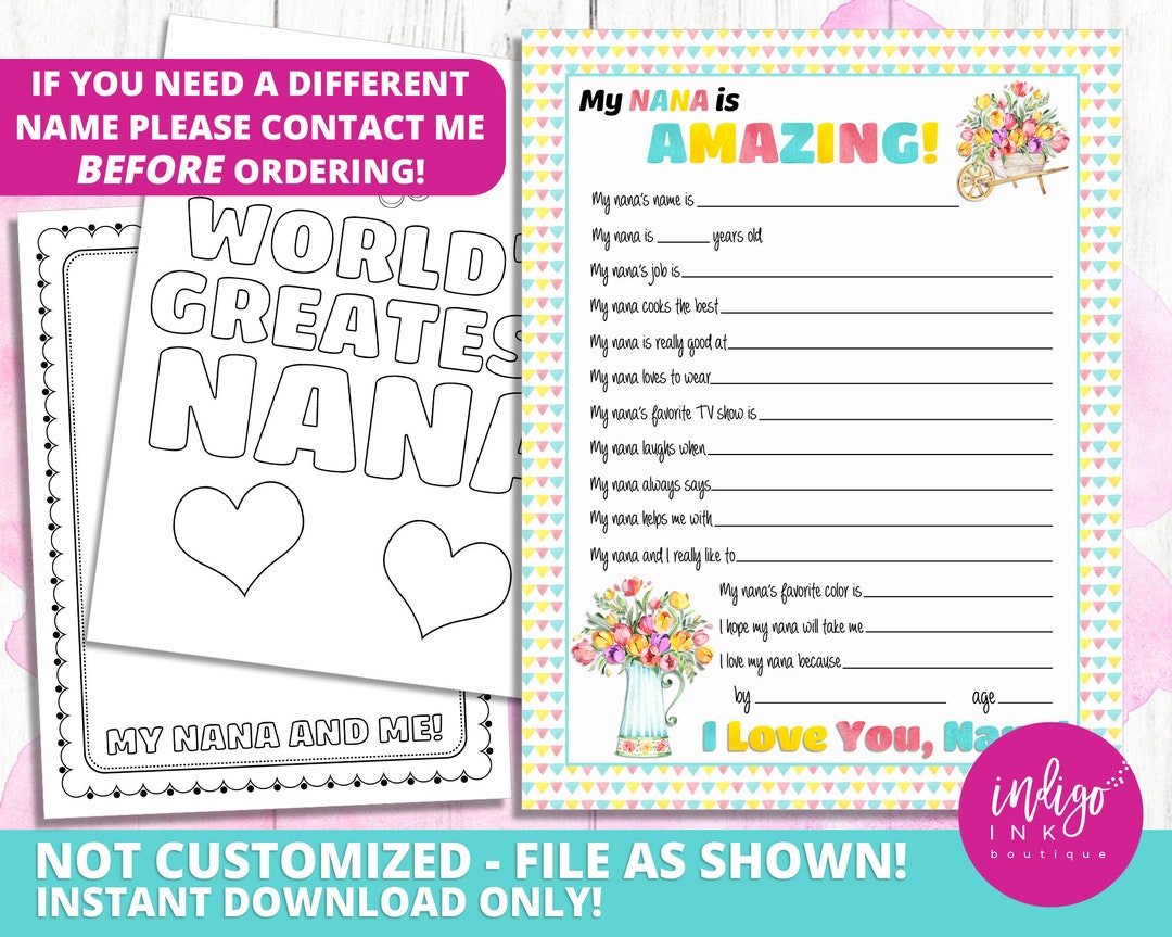 All About My Nana Kid Questionnaire Mothers Day Gift INSTANT DOWNLOAD ...