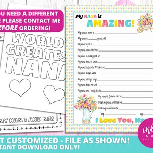 All About My Nana Kid Questionnaire Mothers Day Gift INSTANT DOWNLOAD ...