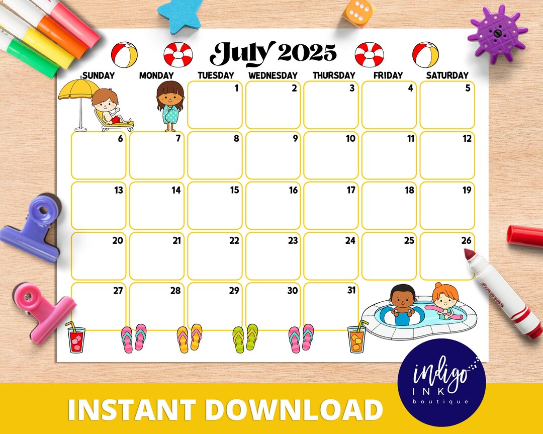 July Calendar INSTANT DOWNLOAD | Monthly Planner Digital Calendar | Kid ...