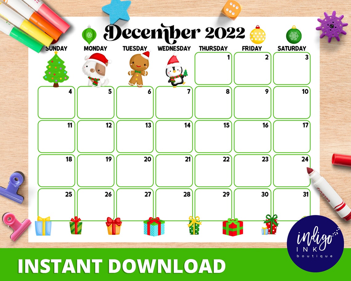 December Calendar INSTANT DOWNLOAD Monthly Planner Digital - Etsy
