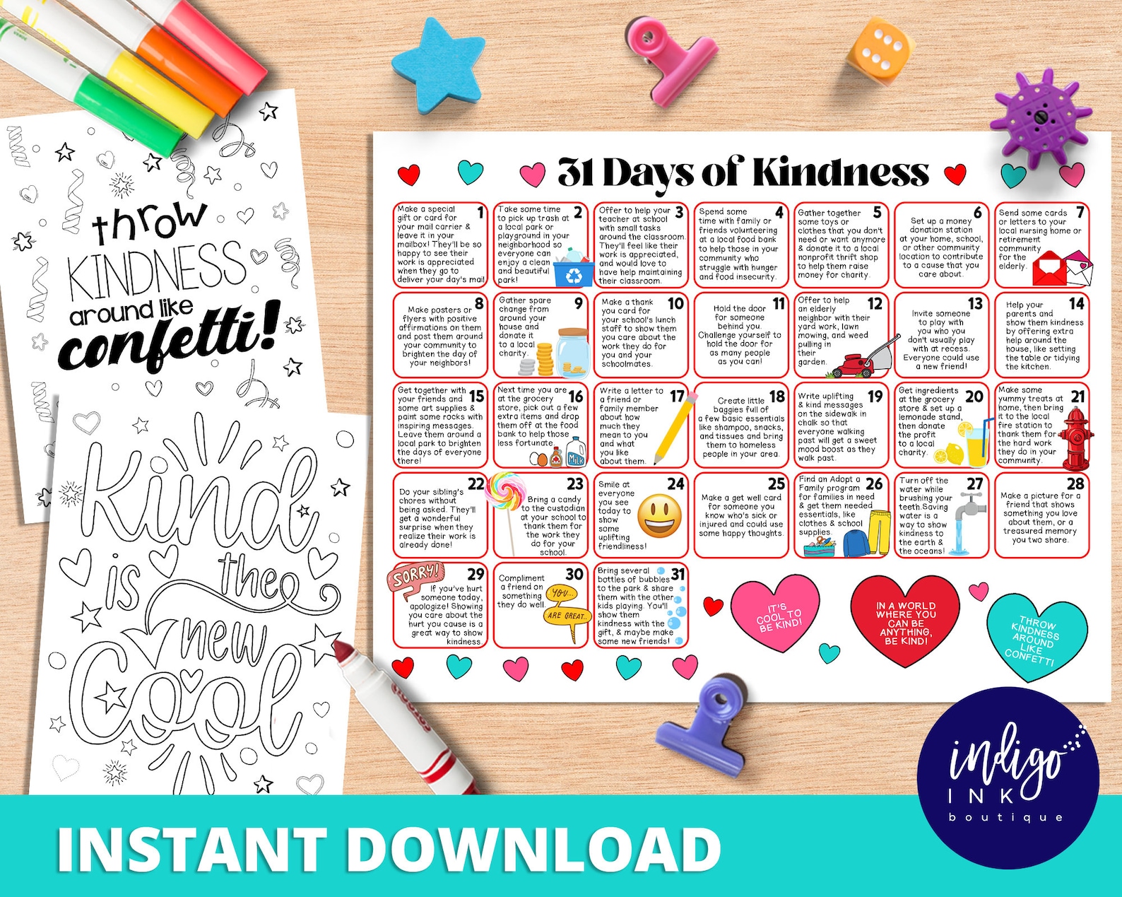 31 Days of Kindness Calendar INSTANT DOWNLOAD Gratitude Calendar for ...