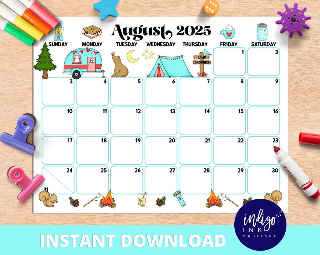 August Calendar INSTANT DOWNLOAD | Monthly Planner Digital Calendar ...
