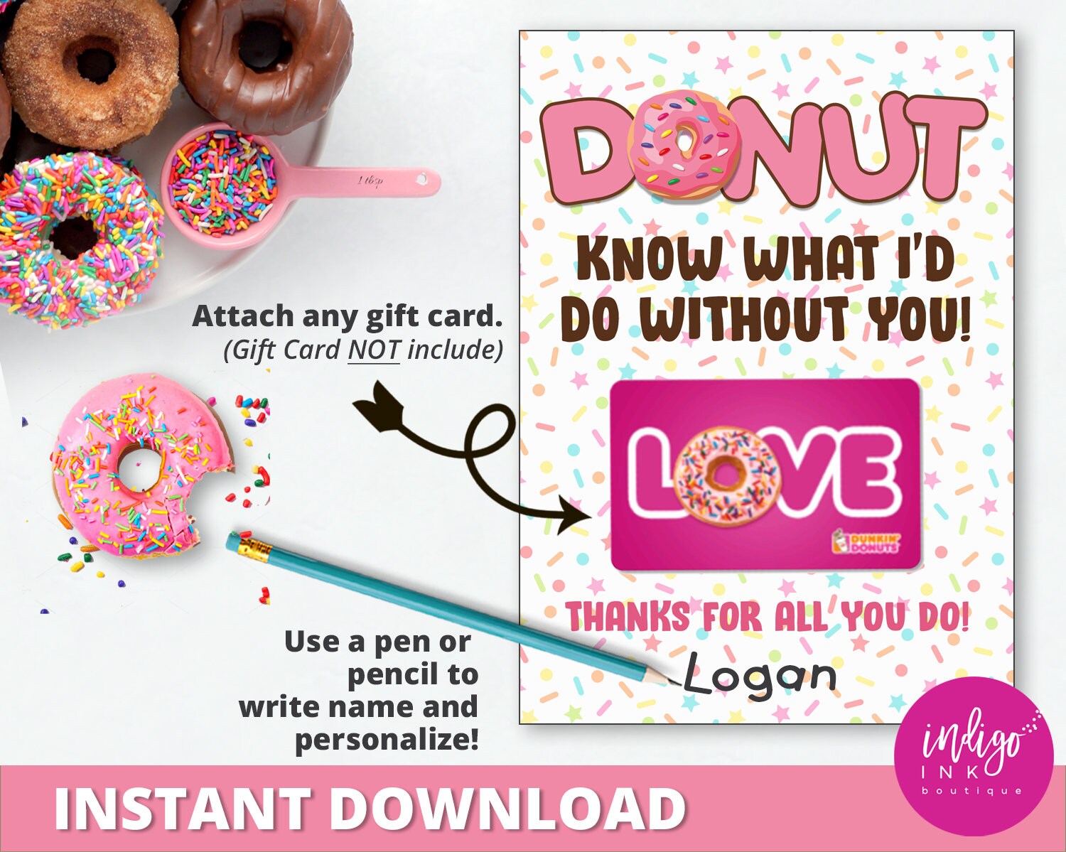 Donut Gift Card Holder INSTANT DONWLOAD Teacher Gift Card | Etsy