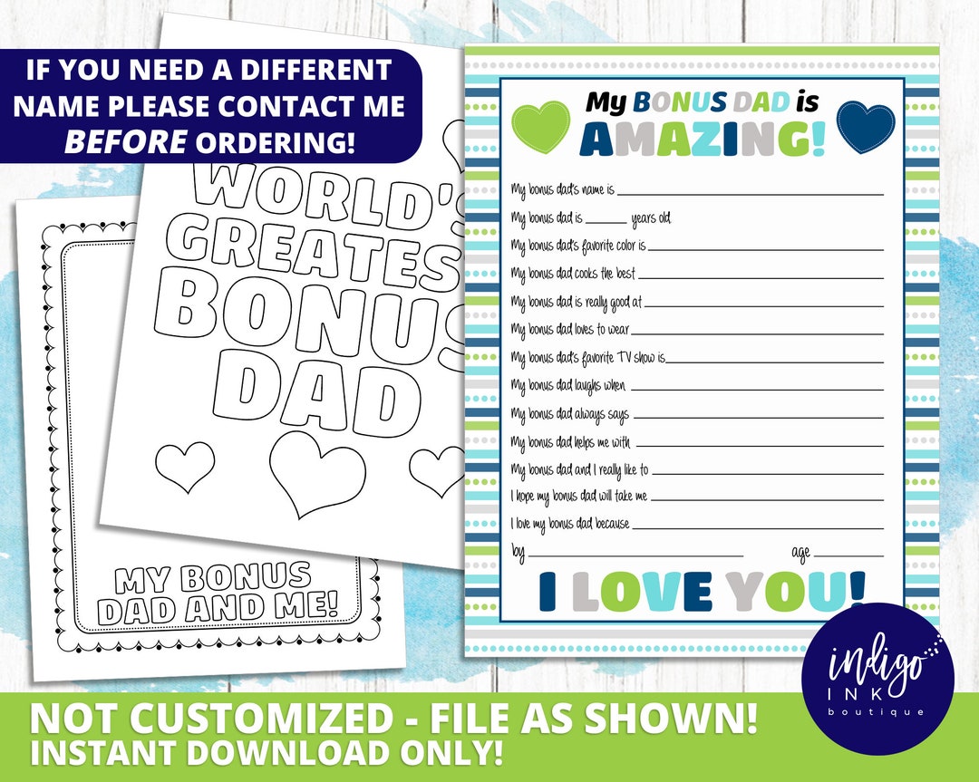 All About My Bonus Dad Kid Questionnaire INSTANT DOWNLOAD | Fathers Day ...