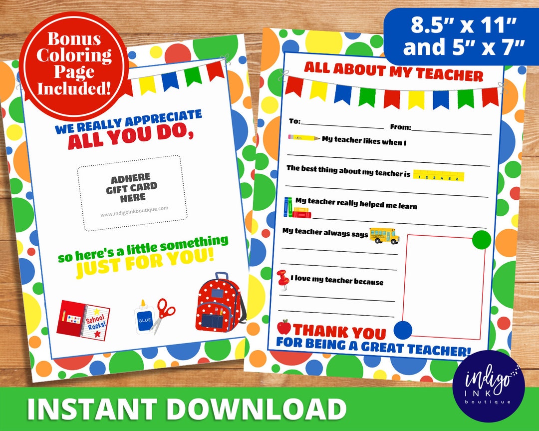 Gift for Teacher INSTANT DOWNLOAD | All About My Teacher Thank You ...