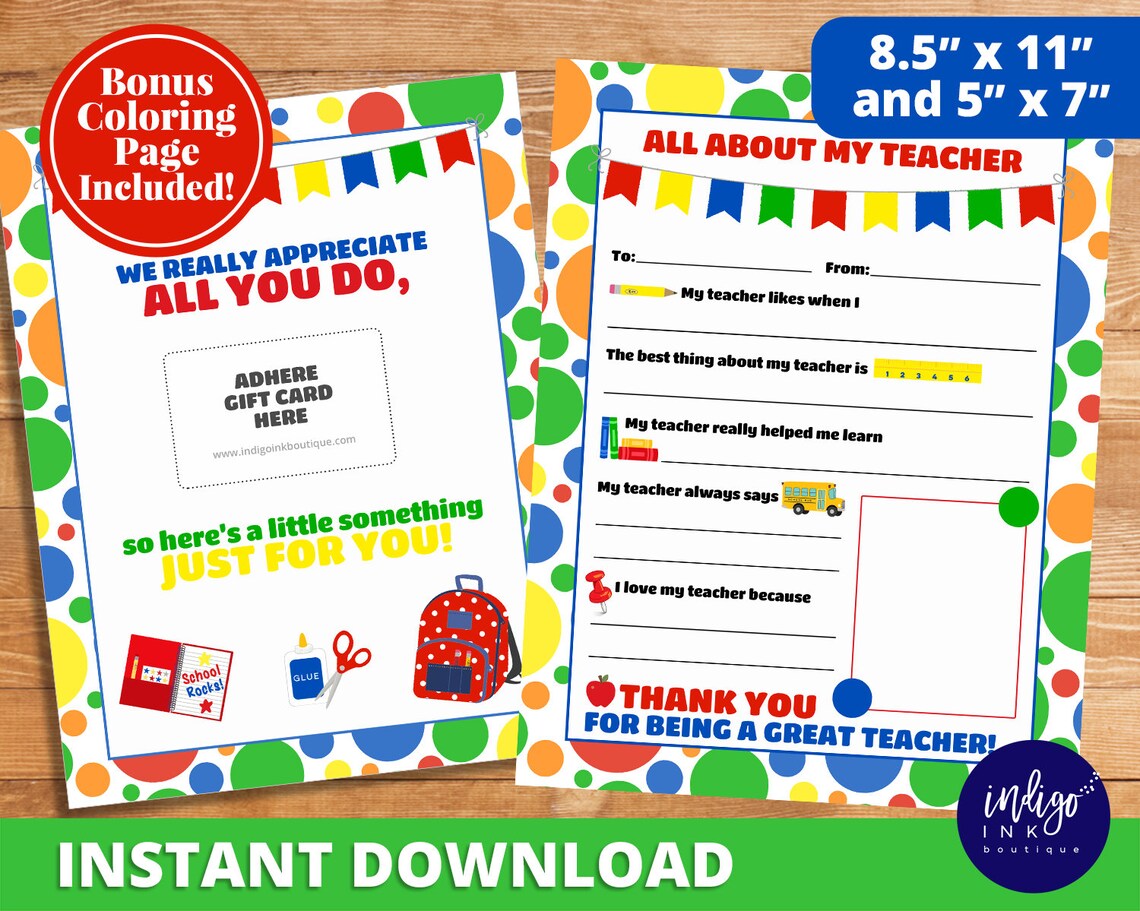 Gift for Teacher INSTANT DOWNLOAD | All About My Teacher Thank You ...