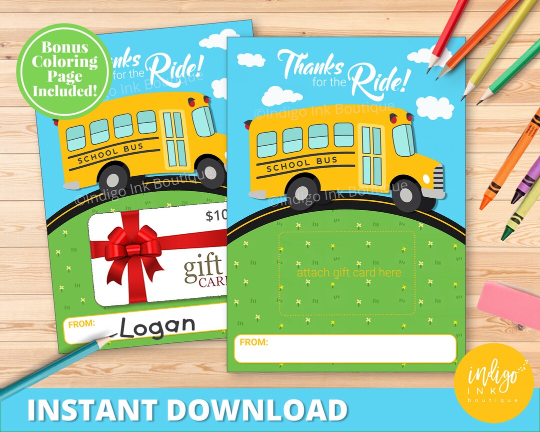 School Bus Driver Gift Card Holder INSTANT DOWNLOAD | Thanks for the ...