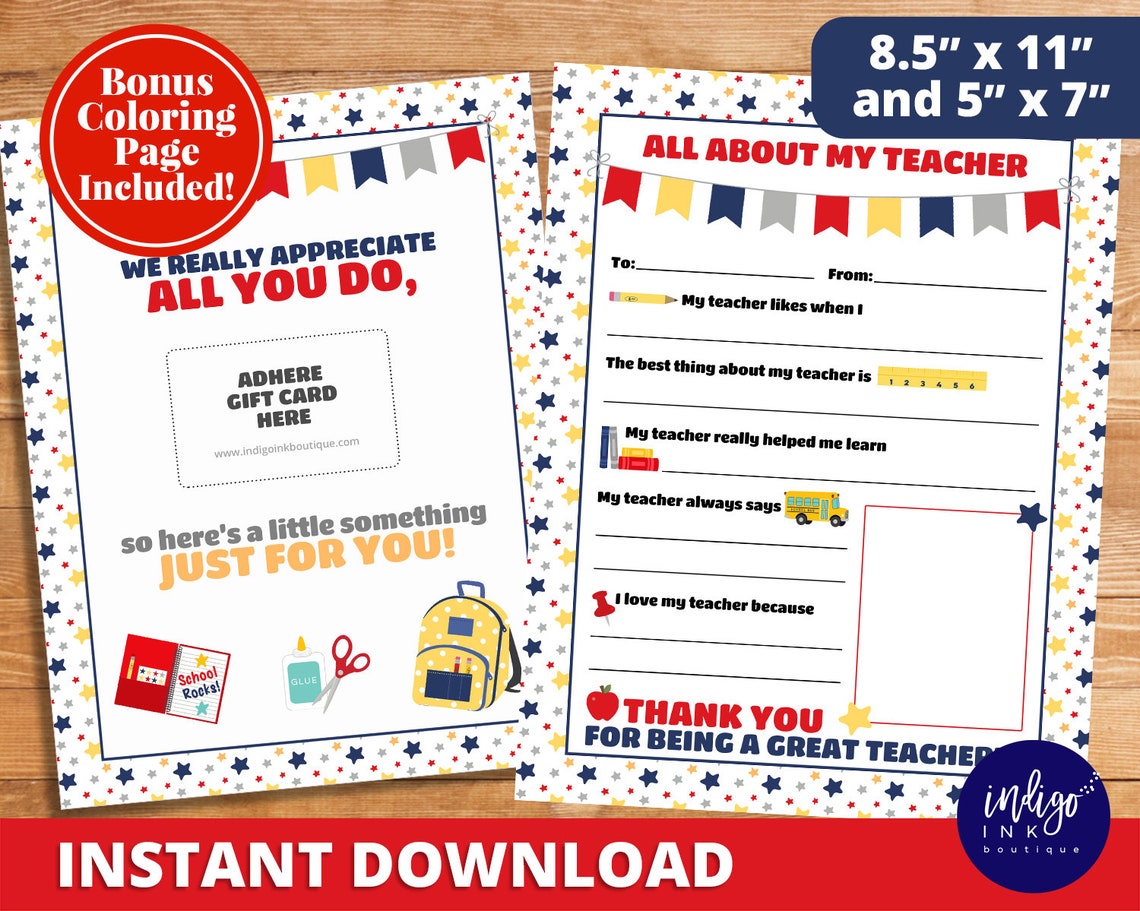 All About My Teacher Printable INSTANT DOWNLOAD Teacher Gift - Etsy