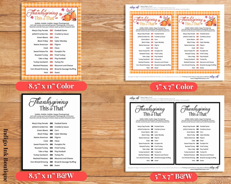 Thanksgiving Fun This or That Game Digital Download | Thanksgiving ...