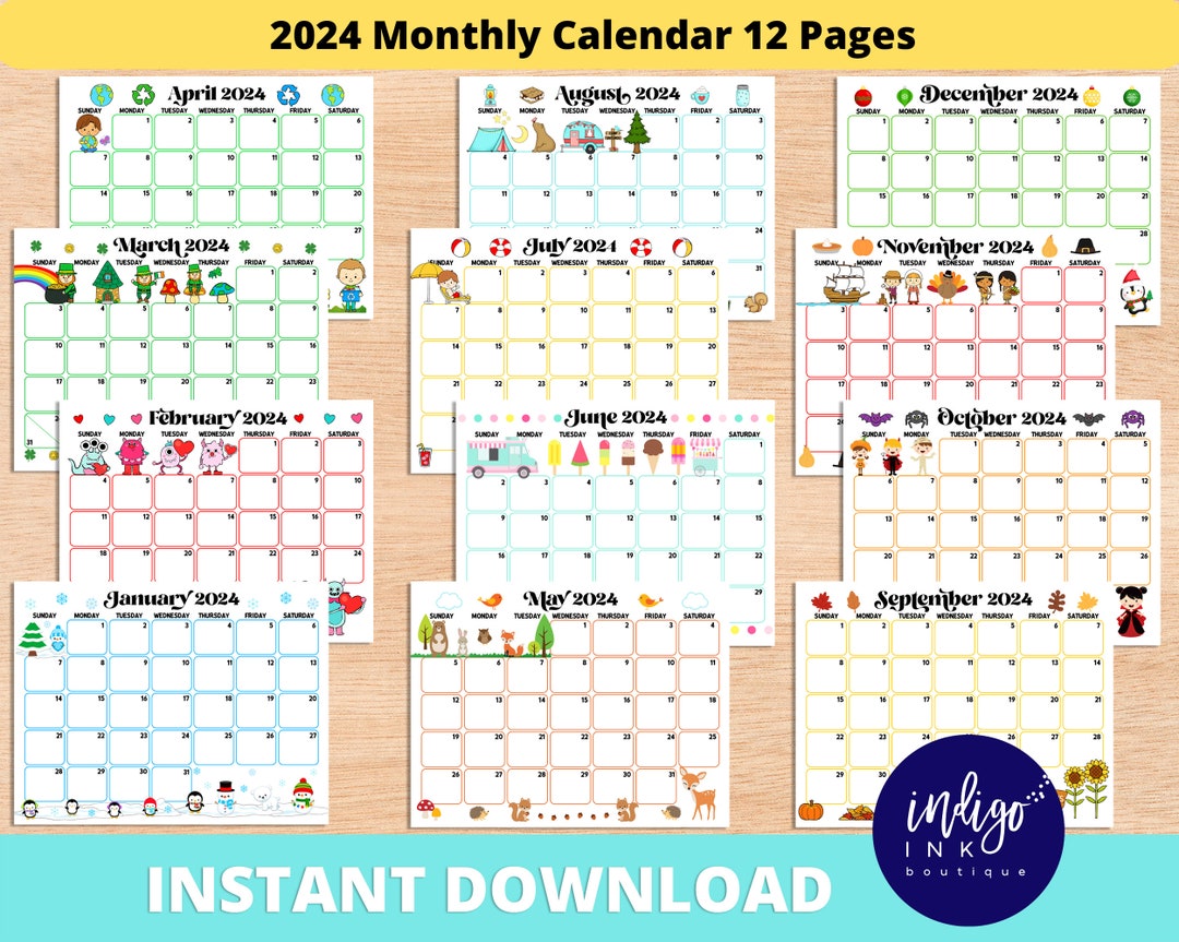 2024 Monthly Calendar Printable INSTANT DOWNLOAD 2024 Calendar Kids ...