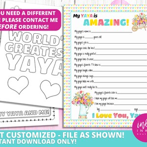 All About My Yaya Kid Questionnaire Mothers Day Gift INSTANT DOWNLOAD ...