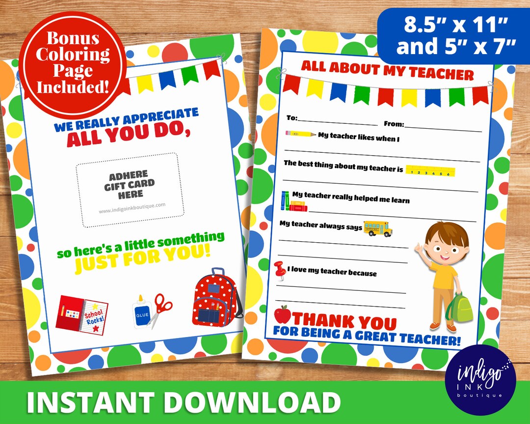 Gift for Teacher Appreciation Week INSTANT DOWNLOAD | All About My ...
