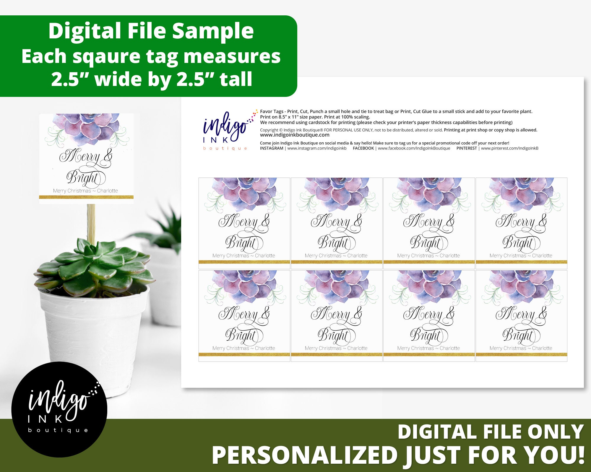 Succulent Tags PERSONALIZED DIGITAL Gift Tags Christmas Tags | Etsy