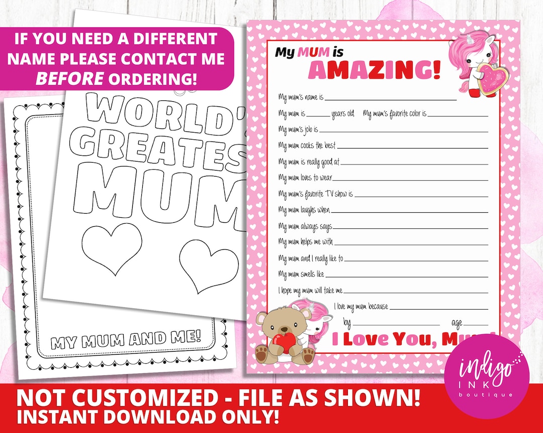 MUM Day Gift INSTANT DOWNLOAD | All About My Mum Printable Unicorn ...