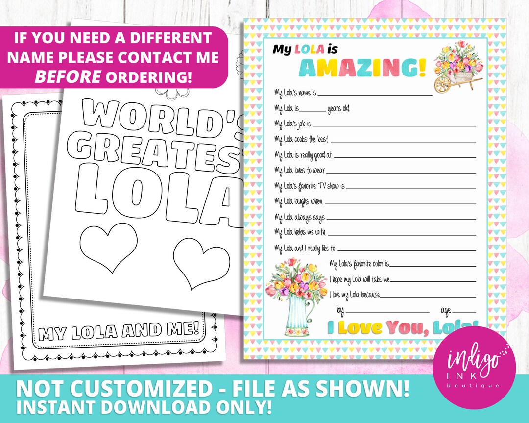All About My Lola Kid Questionnaire Mothers Day Gift INSTANT DOWNLOAD ...