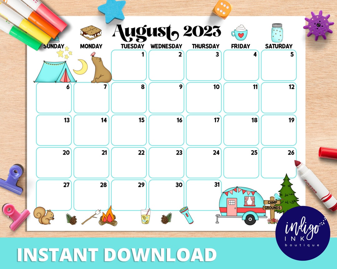 August Calendar INSTANT DOWNLOAD Monthly Planner Digital - Etsy