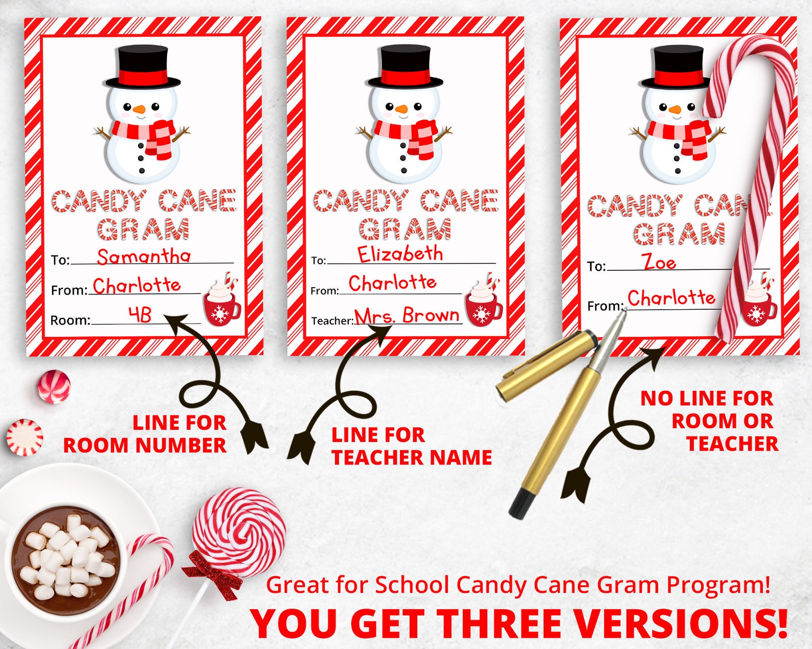Candy Cane Gram Holiday Tags INSTANT DOWNLOAD Snowman Favor - Etsy