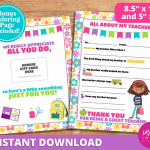 All About My Teacher Printable INSTANT DOWNLOAD | Teacher Appreciation ...
