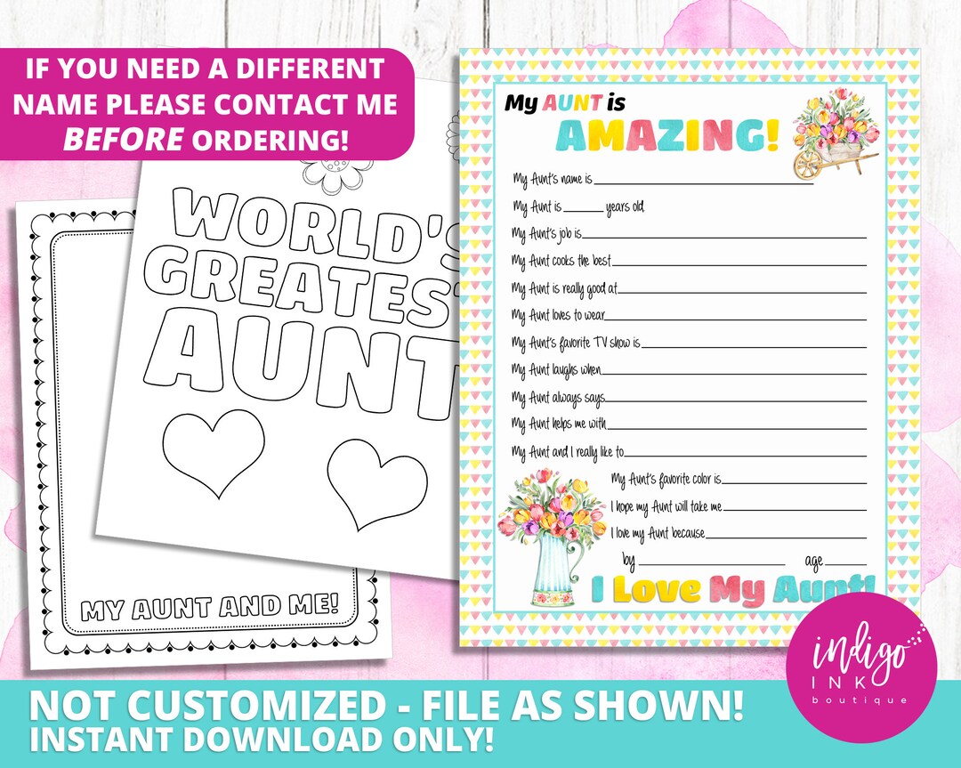 All About My Aunt Kid Questionnaire Mothers Day Gift INSTANT DOWNLOAD ...