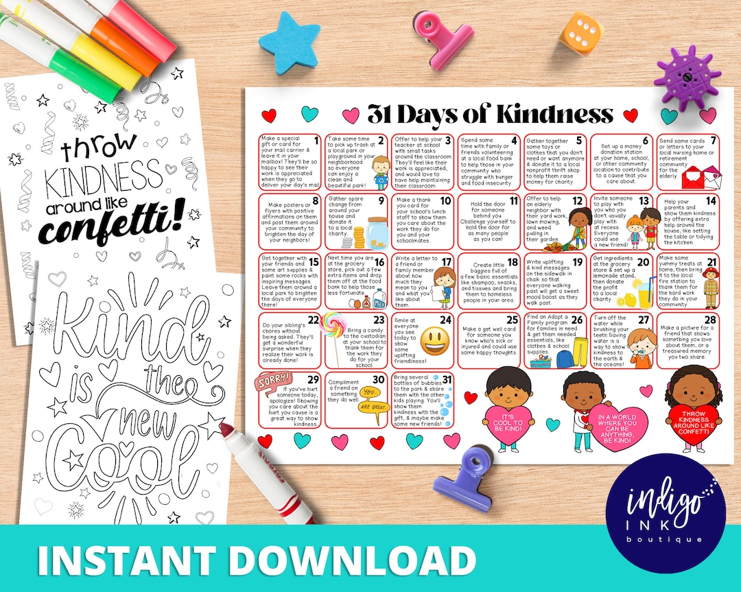 31 Days of Kindness Calendar INSTANT DOWNLOAD | Random Acts of Kindness ...