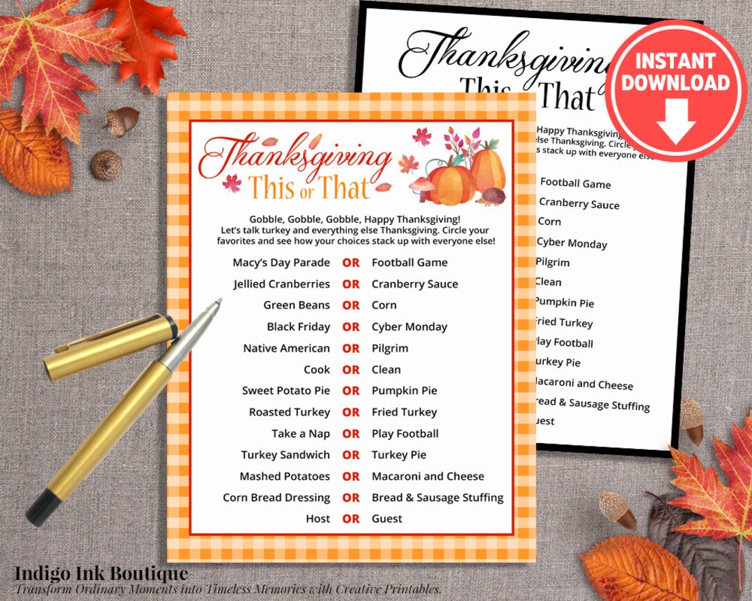 Thanksgiving Fun This or That Game Digital Download | Thanksgiving ...