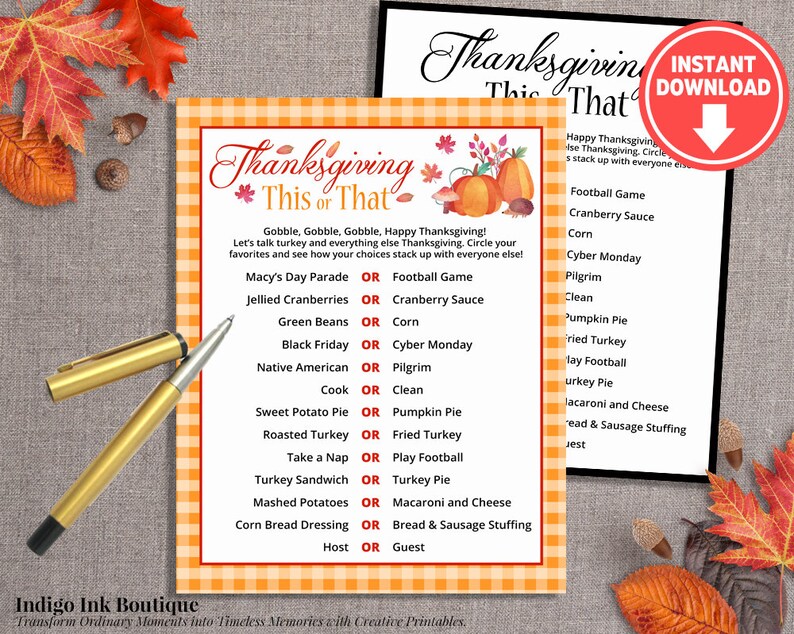 Thanksgiving Fun This or That Game Digital Download | Thanksgiving ...