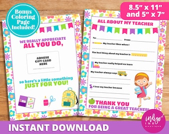 All About My Teacher DIGITAL DOWNLOAD Teacher Gift Ideas | Etsy
