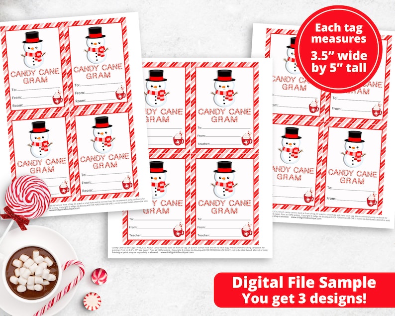 Candy Cane Gram Holiday Tags INSTANT DOWNLOAD Snowman Favor - Etsy