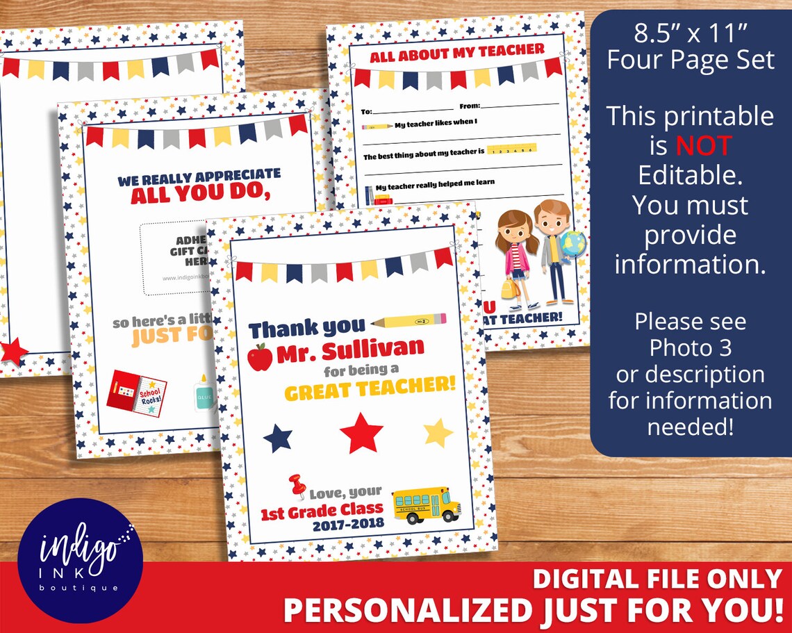 All About My Teacher Printable PERSONALIZED DIGITAL DOWNLOAD - Etsy