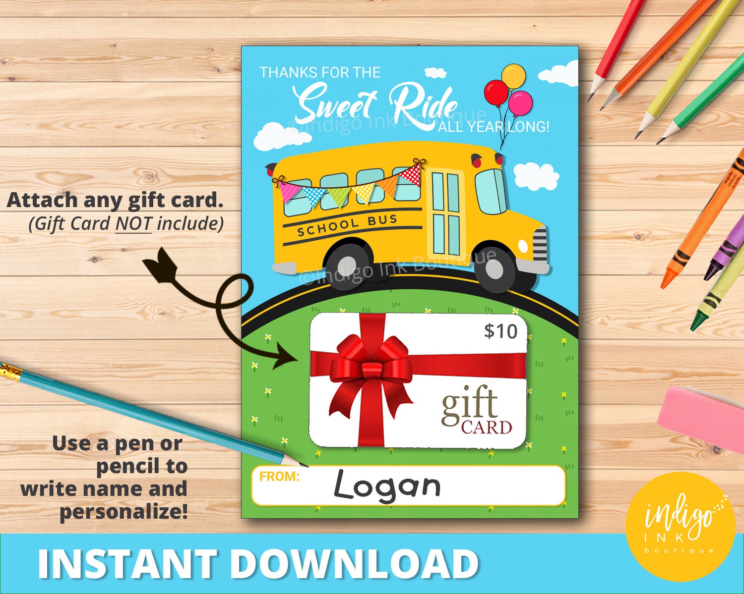 School Bus Driver Gift Card Holder INSTANT DOWNLOAD | Thanks for the ...