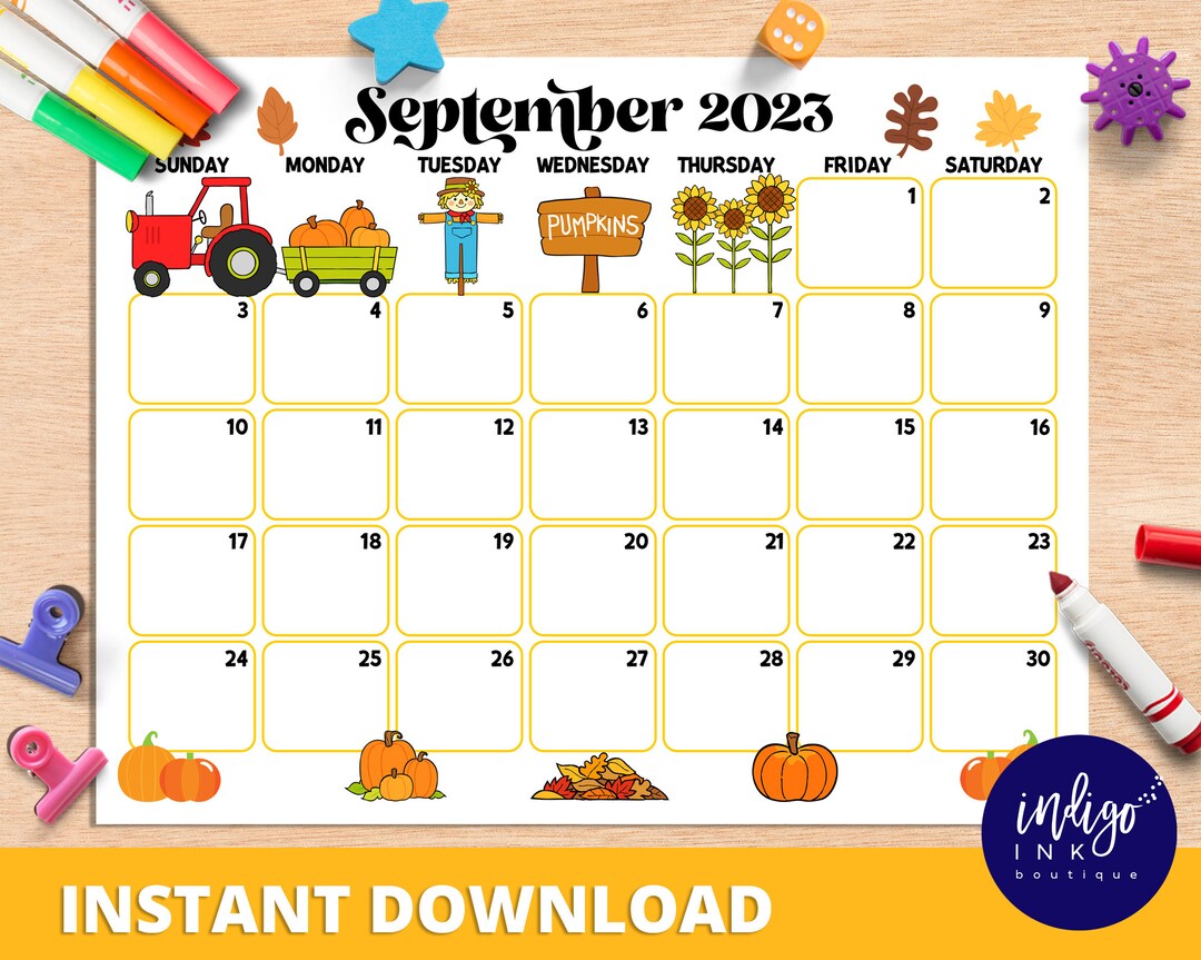 September Calendar INSTANT DOWNLOAD Monthly Planner Digital Calendar ...