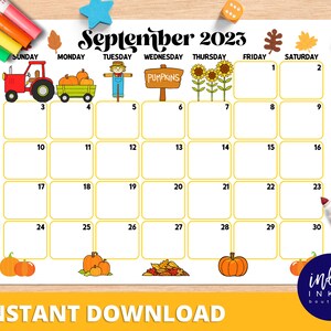 September Calendar INSTANT DOWNLOAD Monthly Planner Digital Calendar ...
