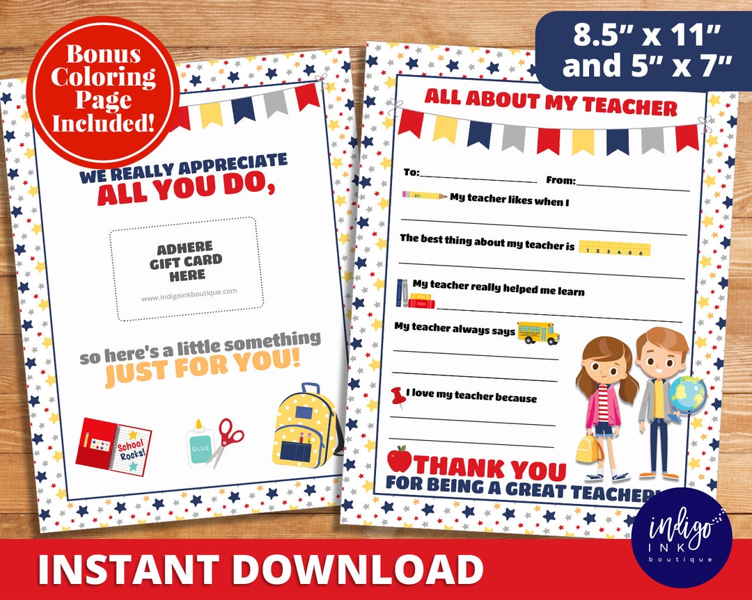 All About My Teacher Printable INSTANT DOWNLOAD | Teacher Gift Ideas ...