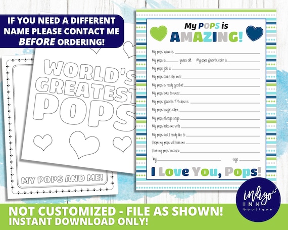 All About My Pops Kid Questionnaire Fathers Day Gift INSTANT DOWNLOAD ...
