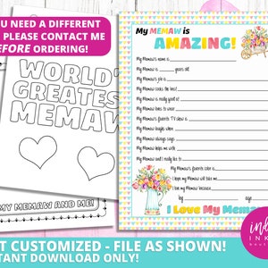 About My Memaw Kid Questionnaire INSTANT DOWNLOAD | Happy Mother's Day ...