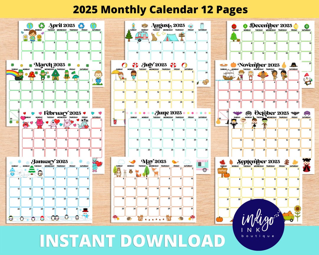 2025 Monthly Calendar Printable INSTANT DOWNLOAD | 2025 Calendar Kids ...