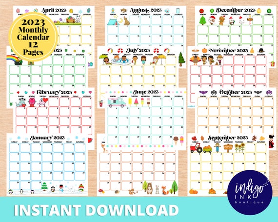 2023 Monthly Calendar Printable INSTANT DOWNLOAD | 2023 Calendar Kids ...
