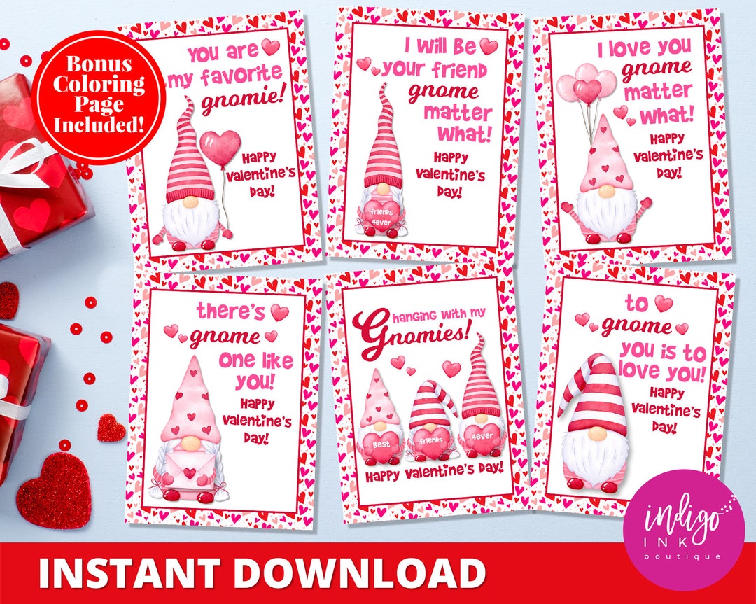 Gnomes Valentines Cards INSTANT DOWNLOAD | Printable Valentine Gnome ...