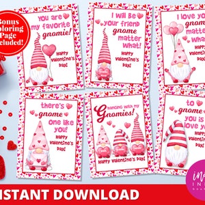Gnomes Valentines Cards INSTANT DOWNLOAD | Printable Valentine Gnome ...