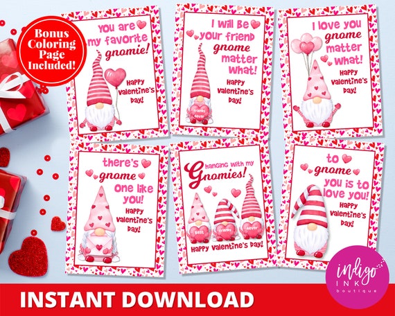 Gnomes Valentines Cards INSTANT DOWNLOAD | Printable Valentine Gnome ...