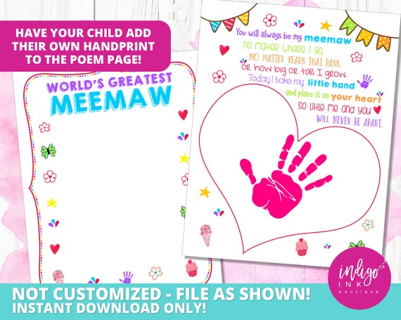 Mother's Day Gift for Meemaw INSTANT DOWNLOAD | Handprint Gift Meemaw ...