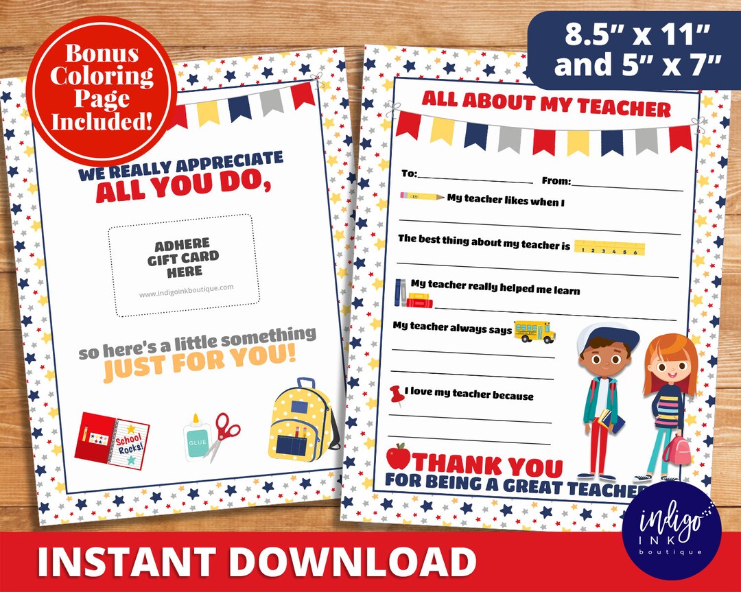 Gift for Teacher INSTANT DOWNLOAD | All About My Teacher Thank You ...