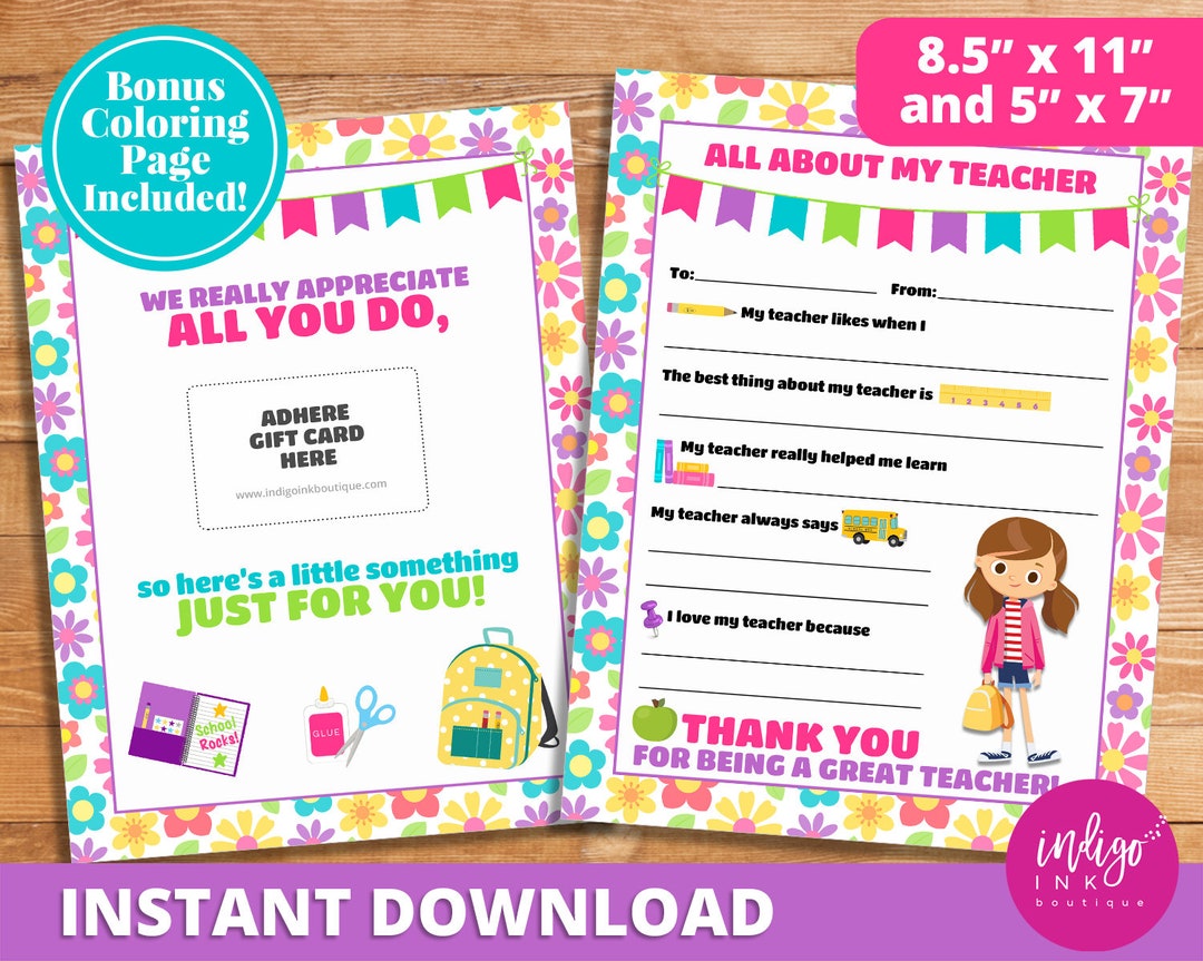 Teacher Appreciation Gift INSTANT DOWNLOAD | All About My Teacher ...