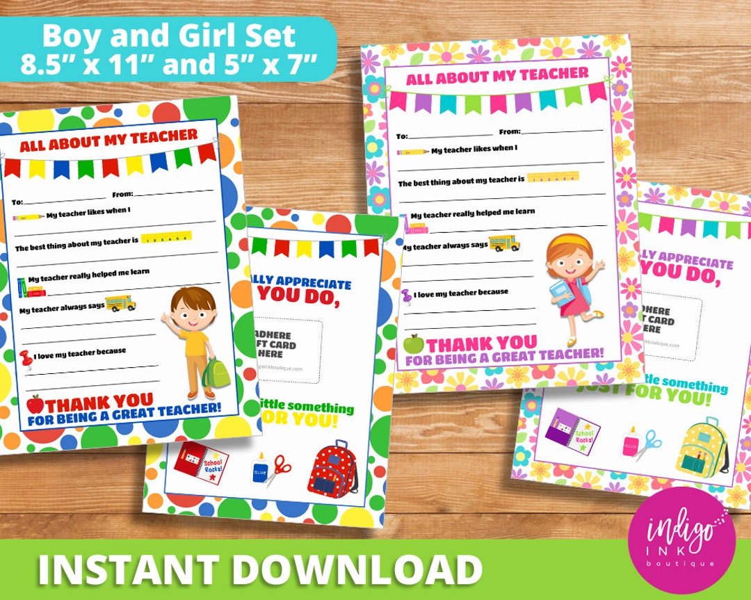 Teacher Appreciation Card | All About My Teacher Digital Download | End ...