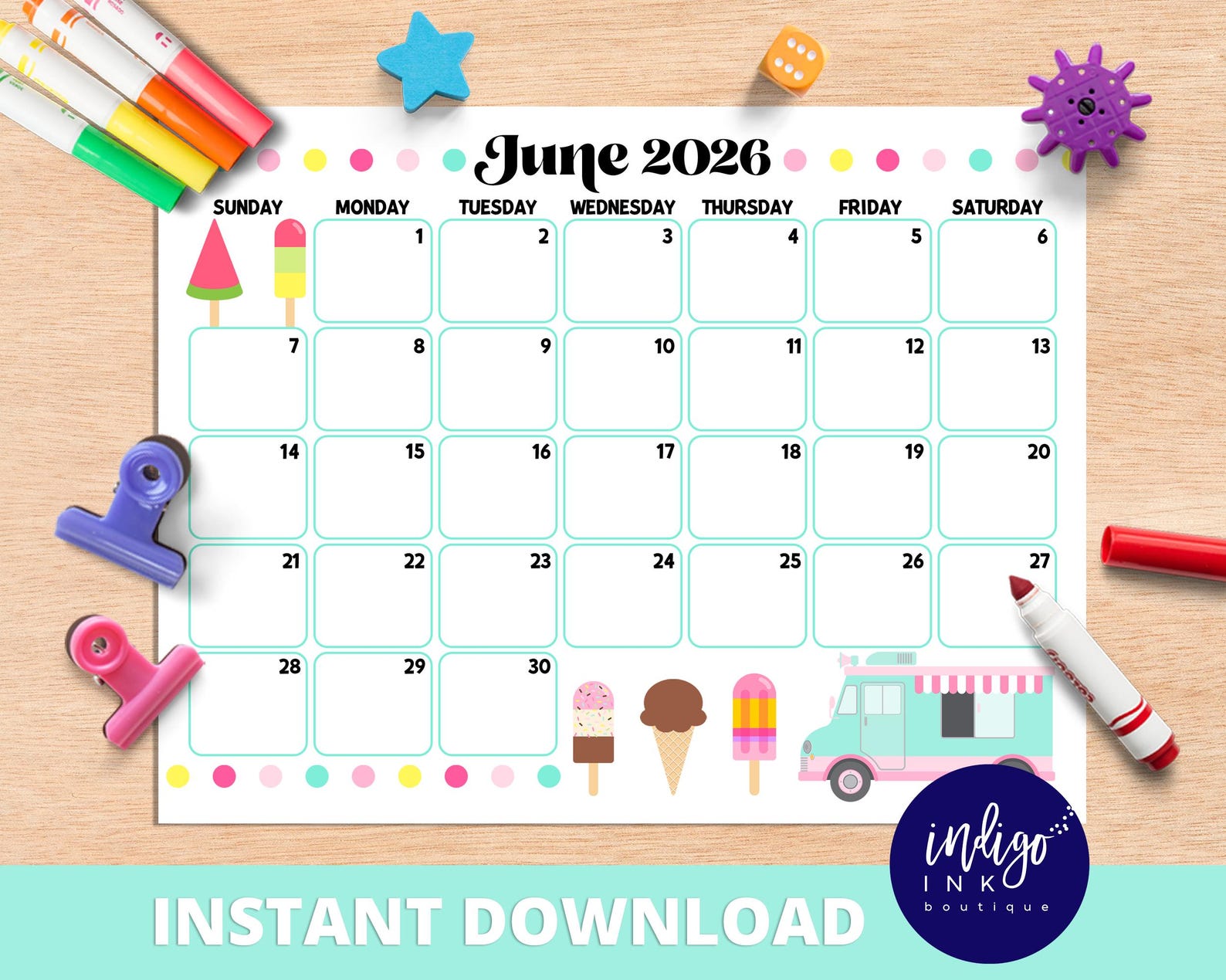 June Calendar 2026 INSTANT DOWNLOAD | Monthly Planner Digital Calendar ...