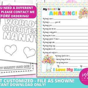 All About My Nanny Kid Questionnaire Mothers Day Gift INSTANT DOWNLOAD ...