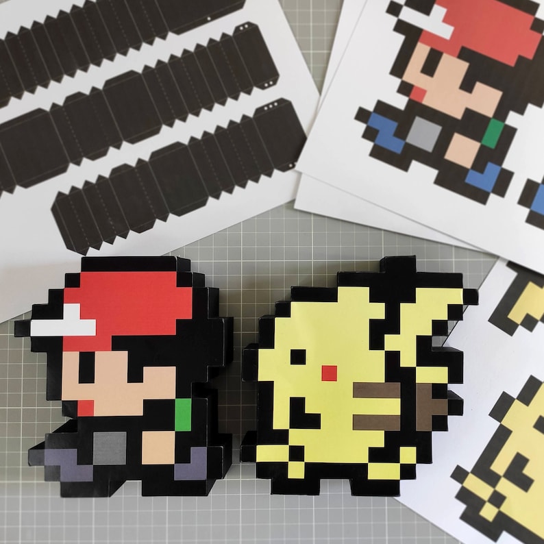 ASH and PIKACHU 3D Pixel Art Papercraft, Paper Toy, Pokemon Yellow, Red ...